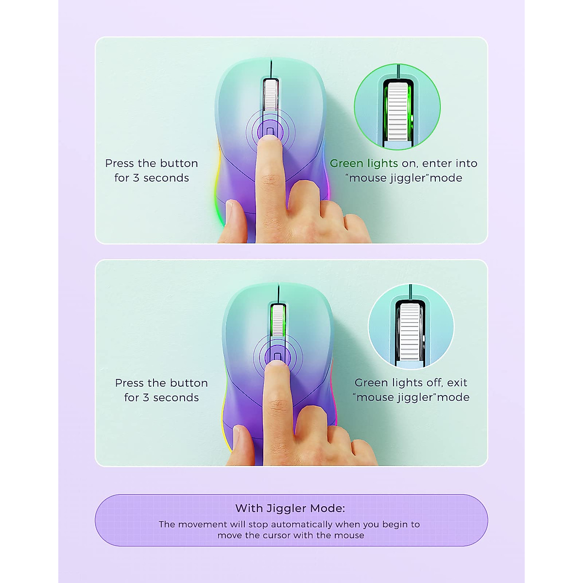 Wireless Mouse, Jiggler Mouse for Laptop - LED Mouse Rechargeable Computer Mice Mouse Mover Undetectable Random Movement with On/Off Button Keeps Computer Awake - Gradient Purple