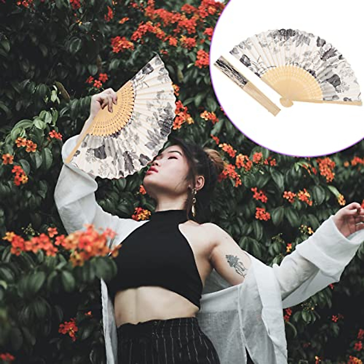 RAZZUM 2 Pcs Floral Folding Hand Fan Chinese Vintage Retro Silk Handheld Fans with Frames for Wedding Dancing Church Party Gifts Grey Fan