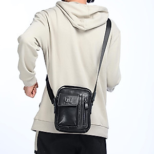 LUKZIJAES Small Genuine Leather Shoulder Bag Men Messenger Handbag Lightweight Sling Crossbody Bag for Business Everyday Casual Travel (#1-Black)