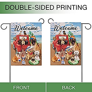 Hzppyz Welcome Summer Dogs Red Truck Beach Garden Flag Double Sided, Coastal Nautical Pickup Decorative Yard Outdoor Small Decor Home Outside Decoration 12 x 18