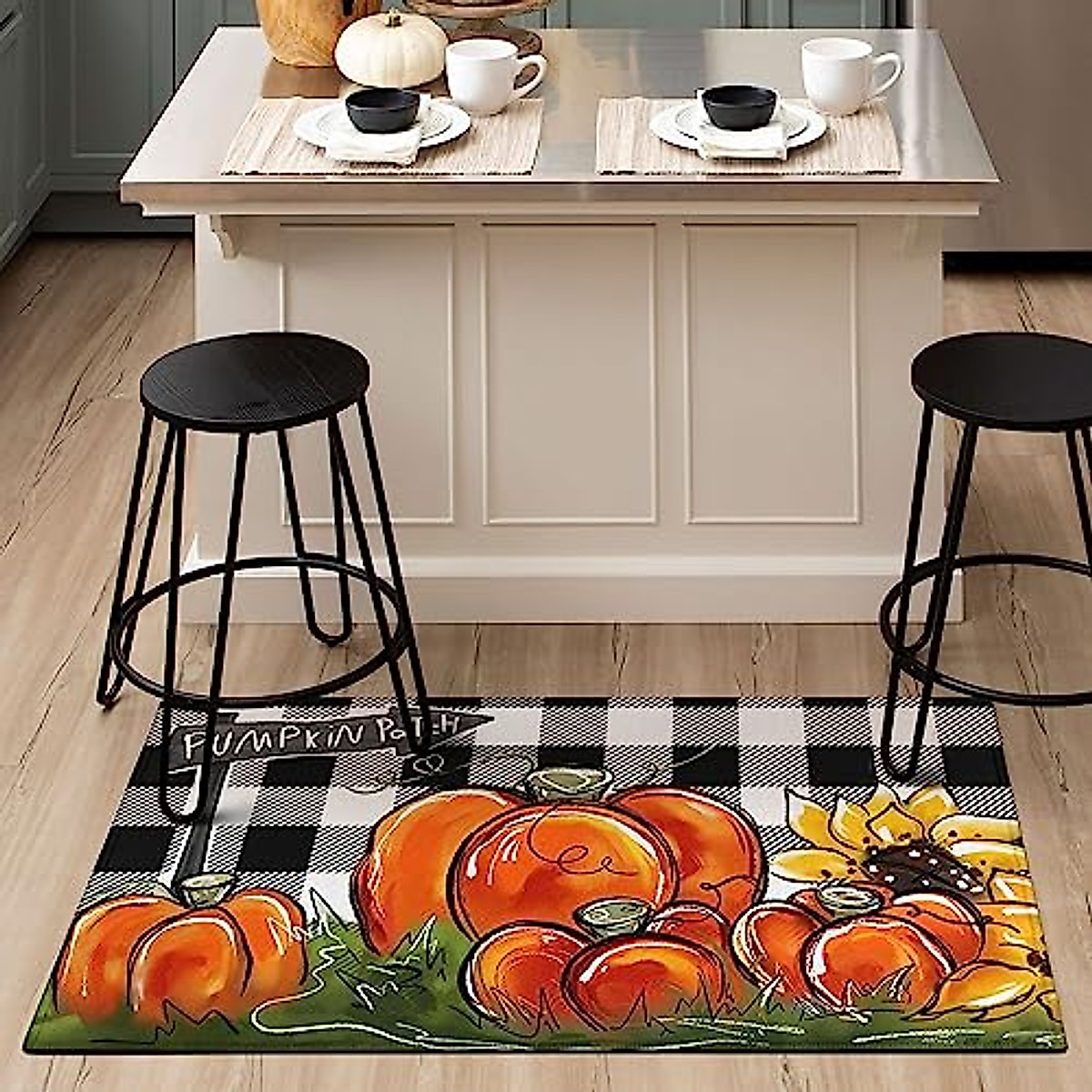 Faptoena Fall Kitchen Rugs Set of 2,Pumpkin Patch Sunflower Thanksgiving Floor Mats and Rugs Non Skid Washable for Kitchen Home Decor,Fall Farmhouse Decorations and Accessories (17"x47"+17"x30")