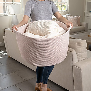 Pink Storage Basket - 22”x14” | Baby Girl Laundry Basket | Toy Bin | Woven Baskets for Storage | Fabric Laundry Baskets for Storage