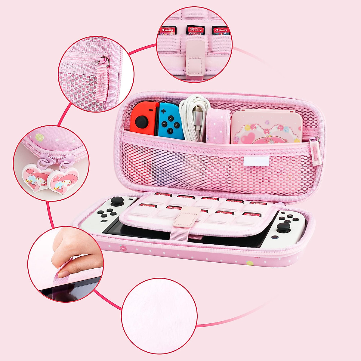 GLDRAM Pink Carrying Case Bundle for Nintendo Switch & OLED Modle, Cute Anime Switch Travel Case with Bunny, Portable Carrying Accessories Kit with Shoulder Strap, Game Card Case, Thumb Grip Caps