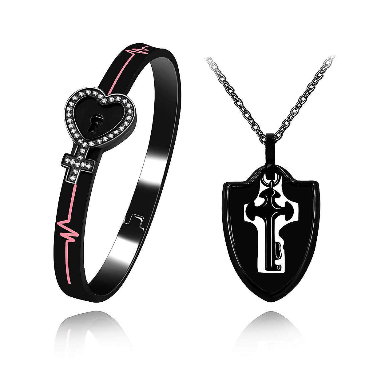 Stainless Black Heart Lock Bangle Heartbeat Line CZ Pave Cross Cuff Bracelet with Shield Key Pendant Necklace Couples Set (Heart, Black)