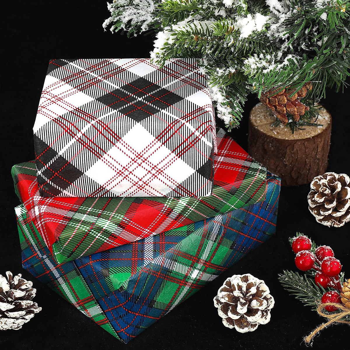 Whaline Christmas Tissue Paper Buffalo Plaid Wrapping Paper Blue Red Green White Black Gift Wrapping Tissue Paper Rustic Art Paper Crafts for Home DIY Gift Bags New Year Decor, 90 Sheets