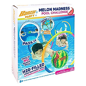 BANZAI Melon Madness Pool Challenge Underwater Water-Filled Ball w/ 3 22-inch Diameter Target Hoops, Garden Hose Adapter, and Underwater Ball