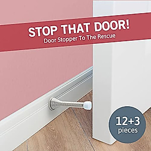 Jack N’ Drill Door Stopper (15 Pack) - 3⅛” Light Duty Spring Door Stop with Flexible Spring and Non-Marking Tip, Door Stops with Finishes to Match Every Home and Office