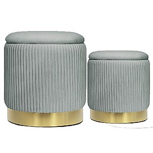 YYW HOME Round Ottoman Storage Set of 2 Black Velvet Storage Ottoman for Living Room and Bedroom, Round Storage Ottoman, Ottoman Chair, Gold Ottoman with Storage, (Light Gray)