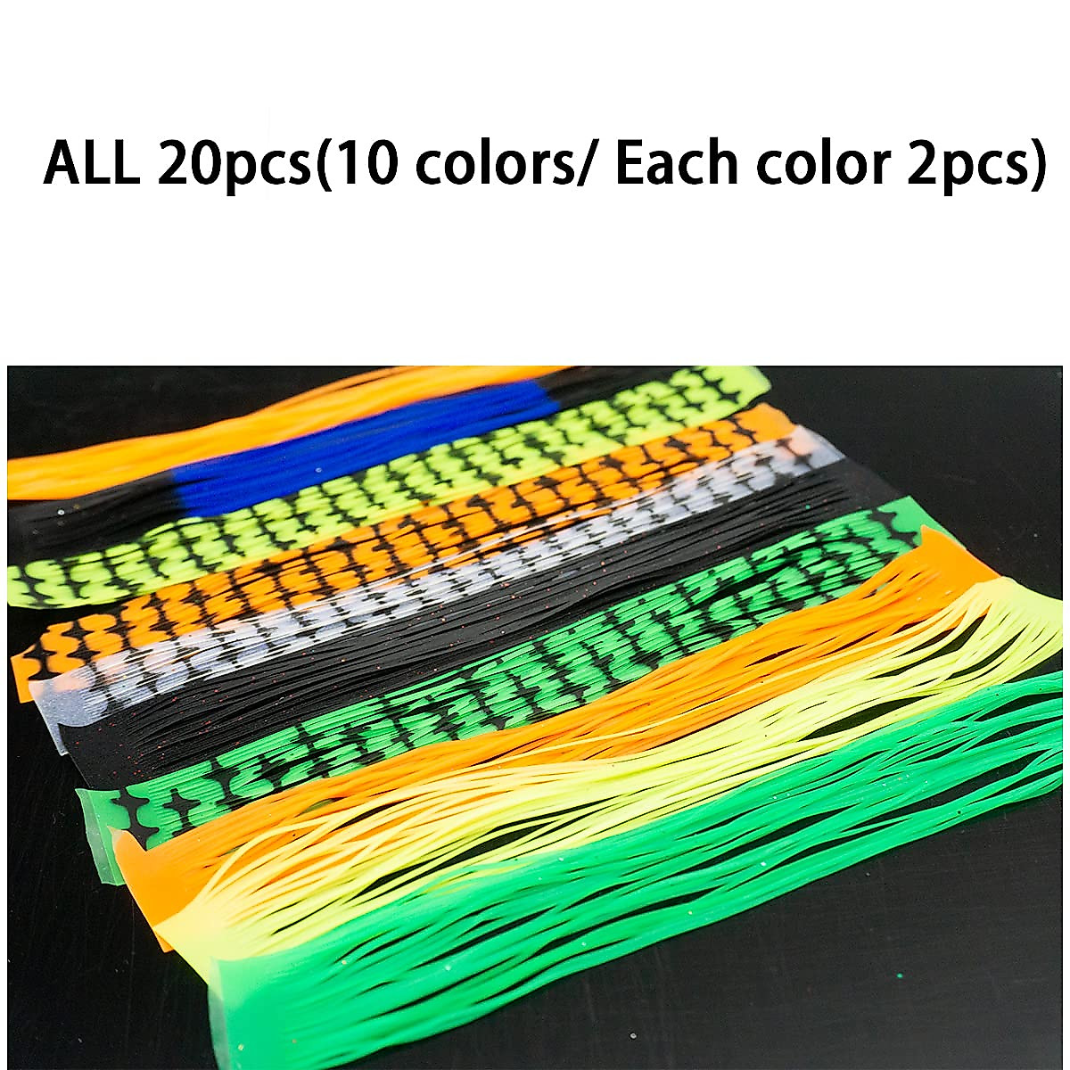 10 Colors 20 pcs Fishing Jig Lures Rubber Skirt Tab Multicolor Silicone Skirts Whole Sheet DIY Spinner Bait Squid Rubber Thread Lures Regular Skirt Collars Included Fly Tying Material Stripe Spots