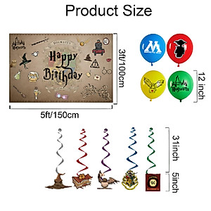 Harry Birthday Party Supplies Set Harry Birthday Decorations Include Backdrop,Happy Birthday Banner,Hanging Swirls,Latex Balloons,Cake Cupcake Toppers,Stickers for Magic Movie Birthday Party Supplies