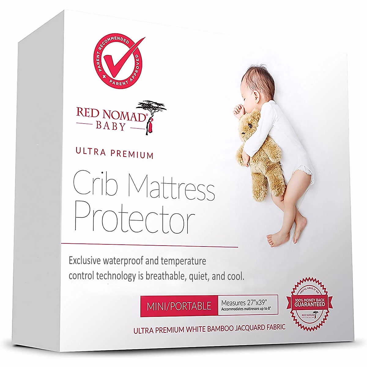Red Nomad Waterproof Mattress Protector, Total Baby Crib Bed Mattress Cover, Ultra-Soft Bamboo Fabric with Noiseless Polyurethane Backing - Mini Crib Size
