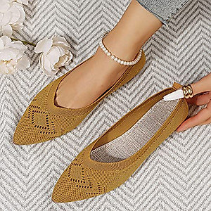 Ladies Fashion Solid Color Breathable Knitting Pointed Shallow Flat Casual Shoes Heel Thong Sandals (Yellow, 8)