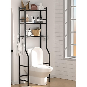 GloTika 3-Tier Over The Toilet Storage, Space Saver Metal Bathroom Shelves, Freestanding Above Over Toilet Storage Shelf with 4 Hooks for Bathroom, Black