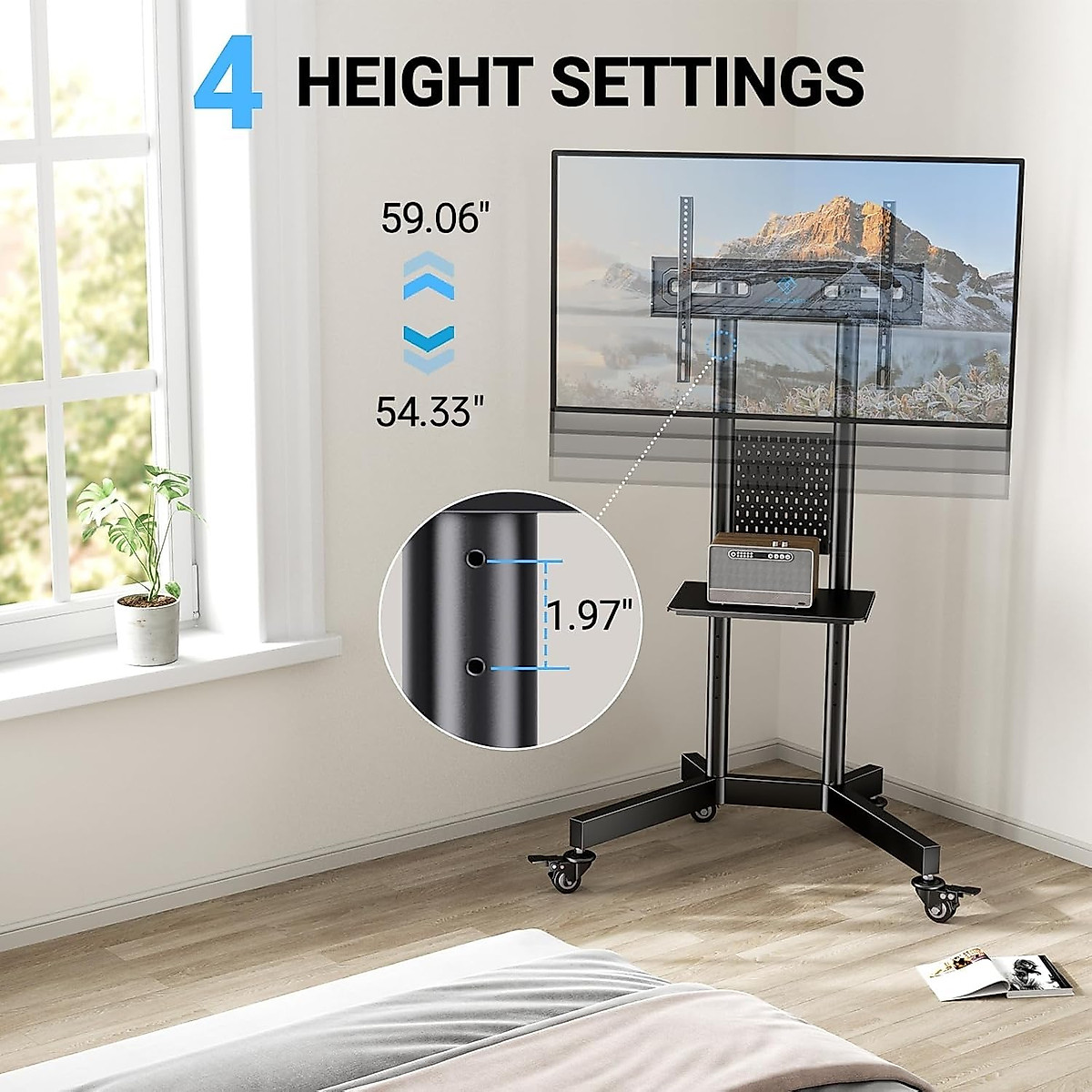 Mobile TV Cart with Wheels for 32-85 Inch Flat Curved Screen TVs- UL Certificated Height Adjustable Rolling TV Stand Hold Up to 132 lbs- Trolley Floor Stand with Tray Max VESA 600x400mm PSTVMC01