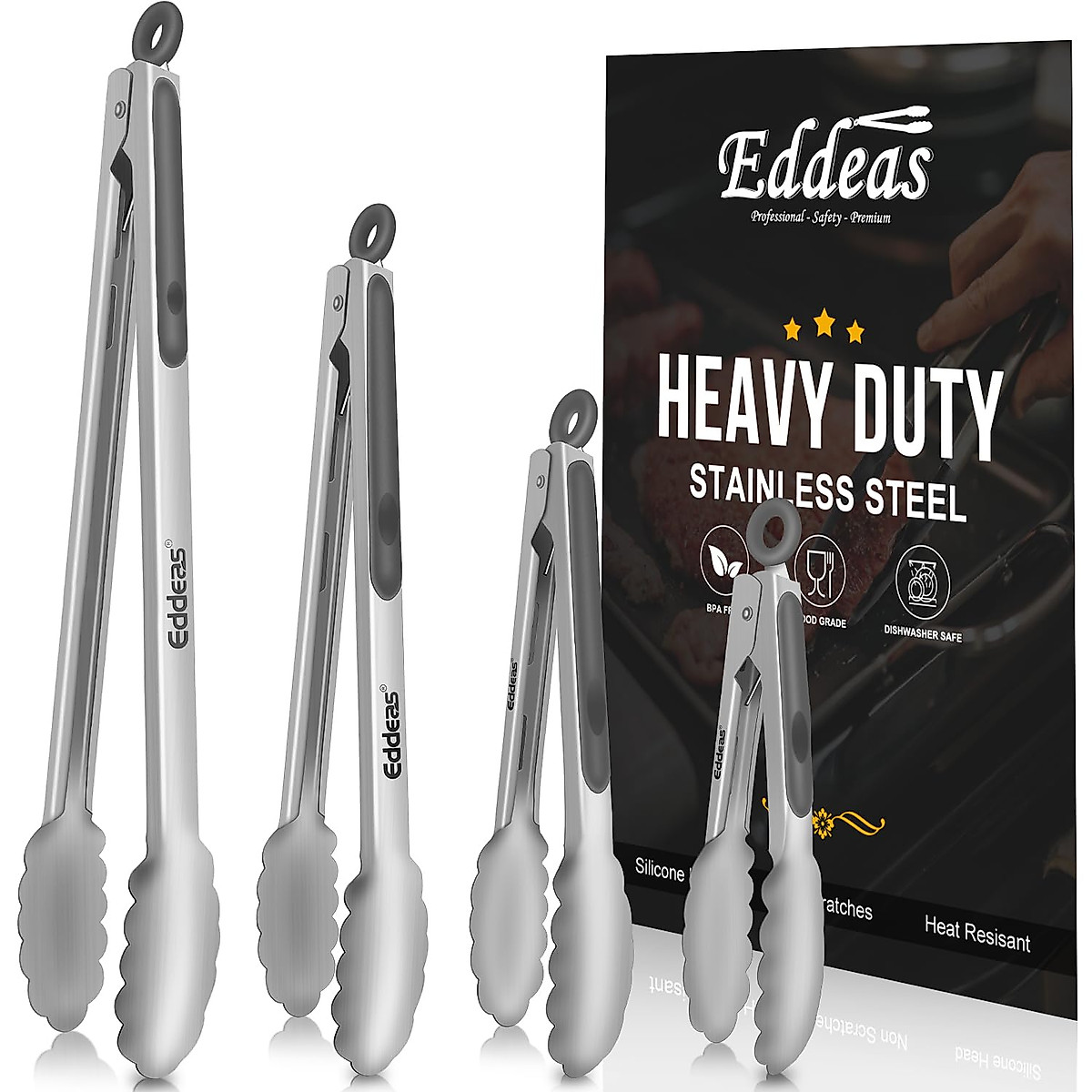 EDDEAS Tongs For Cooking - Heat Resistant 600 Degrees Metal Kitchen Tongs, Heavy Duty Stainless Steel Tongs - Perfect for Food, BBQ Set of 4, 7-9-12 &14 inch Grey