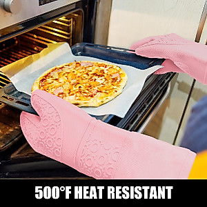 Rorecay Extra Long Oven Mitts and Pot Holders Sets: Heat Resistant Silicone Oven Mittens with Mini Oven Gloves and Hot Pads Potholders for Kitchen Baking Cooking, Quilted Liner, Pack of 6 (Pink)