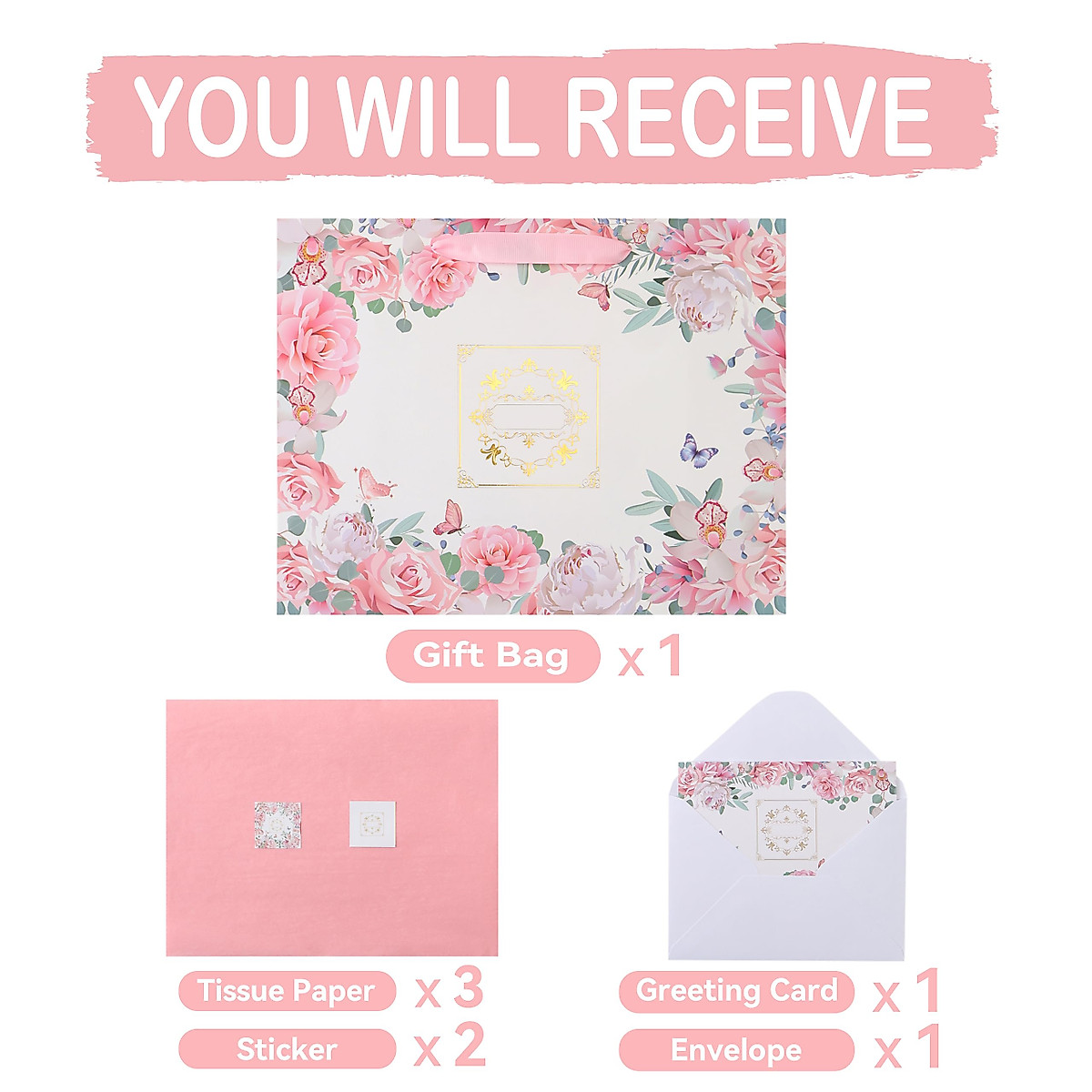 13” Large Pink Roses Gift Bag Set with Handles, Greeting Card, Tissue Papers and Stickers for Women Girls for Birthday, Wedding, Anniversary and Mother’s Day, Gold Foil Flowers Design, 1 Pcs