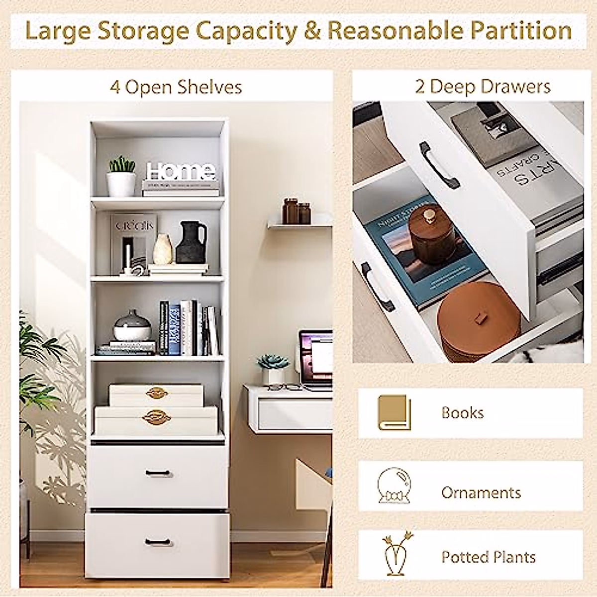 IFANNY 4 Shelf Bookcase with Drawers, Tall Bookshelves and Bookcases, Vertical Bookshelf Tower, Wood Storage Shelves, Modern Book Shelf for Bedroom, Living Room, Home Office