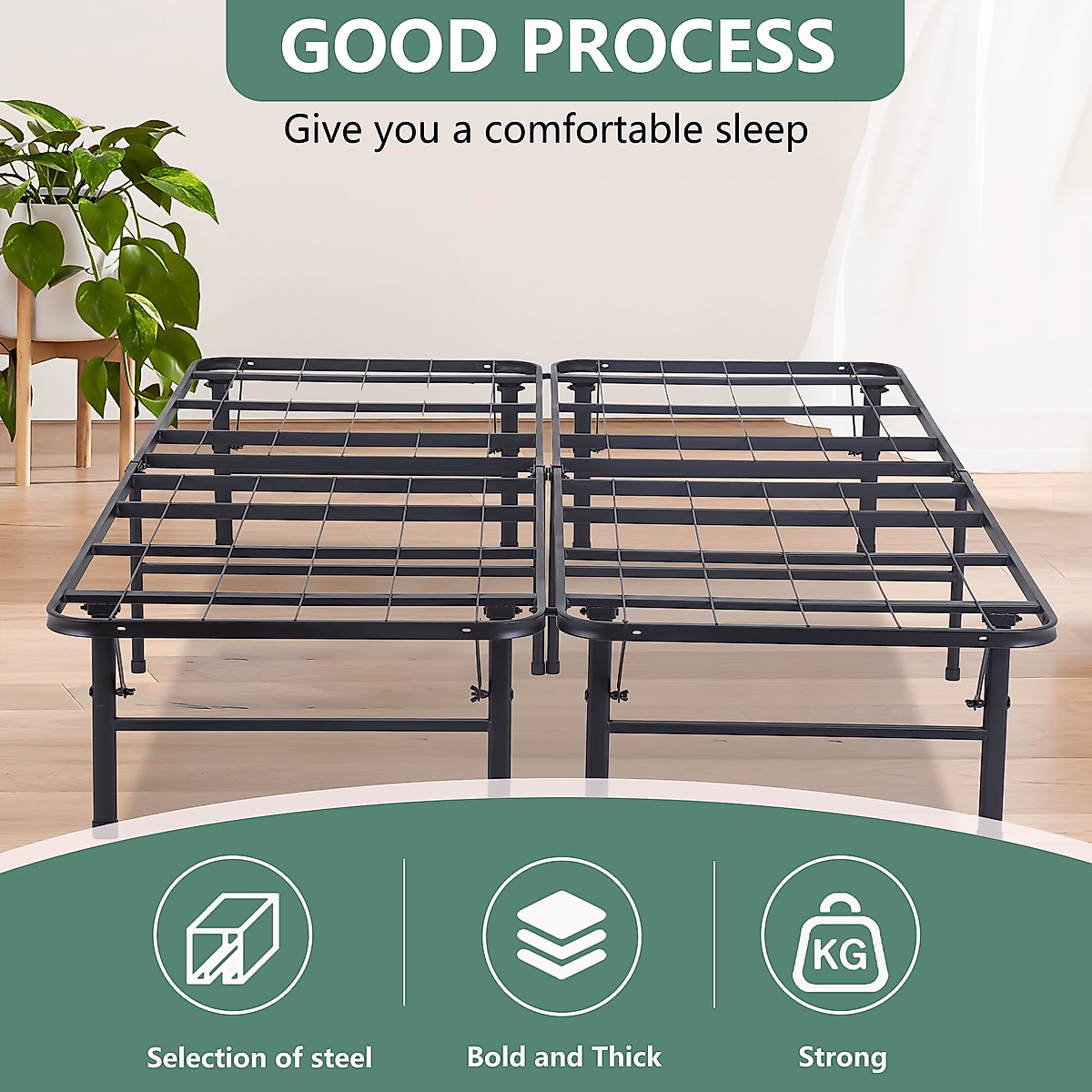 PayLessHere 14 Inch Metal Bed Frame Folding Bed Frame Heavy Duty Steel Slat Platform Bed Frame Mattress Foundation Box Spring Replacement Noise-Free Easy Assembly,Black Short Queen