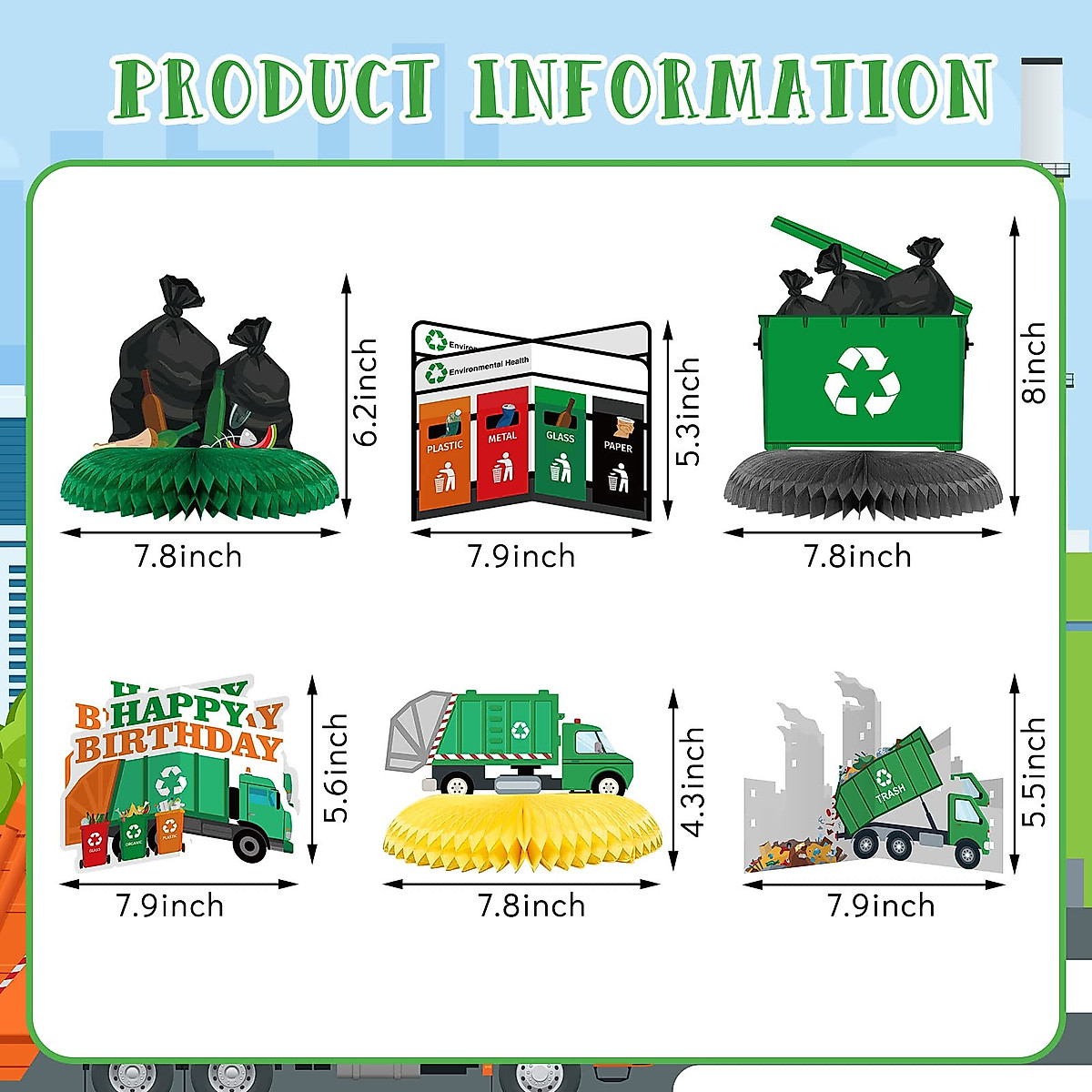 9 Pcs Garbage Truck Birthday Party Supplies Garbage Honeycomb Table Centerpiece Garbage Truck Table Toppers Centerpieces Trash Truck Birthday Party Supplies for Birthday Baby Shower Party Decorations