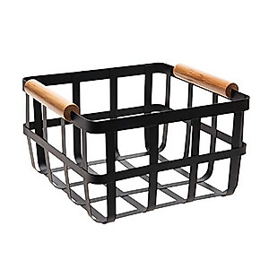 Simplify Square Metal Storage Basket with Bamboo Handles | Medium | Farmhouse Style Wire Basket | Home Organizer | Decorative | Rustic | Black