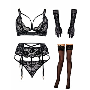 Women Lingerie with Stockings and Gloves,Garter Belt Lingerie Set Black M
