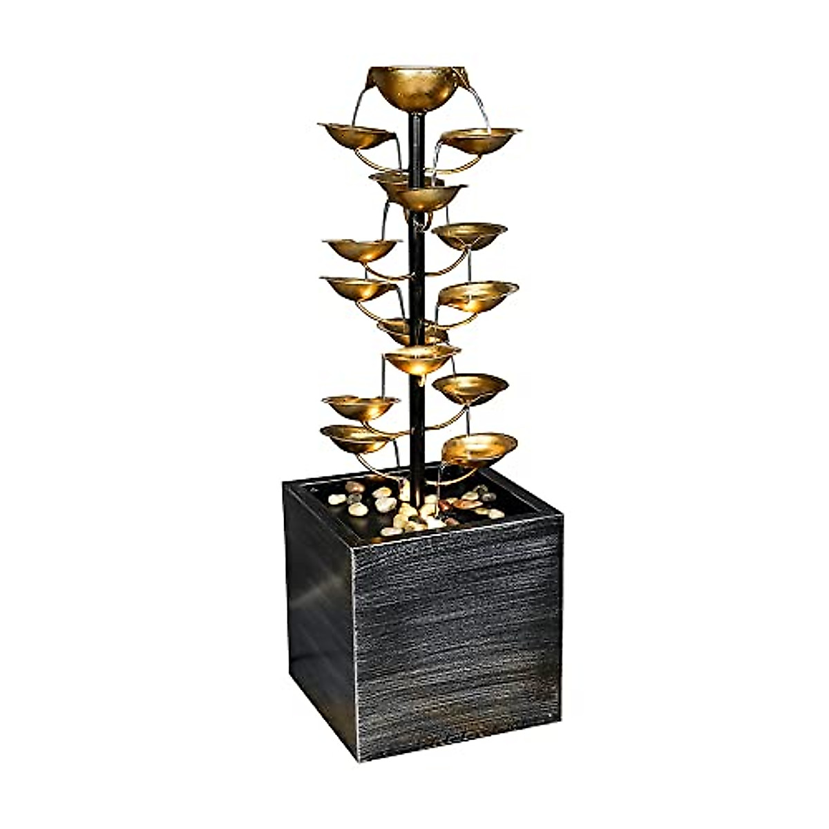 SunJet 31.1inches Modern Metal Water Fountain, Multi-Tier Floor-Standing Water Fountain Cascading Fountain with Lights & Rocks for Indoor/Outdoor Art Decor