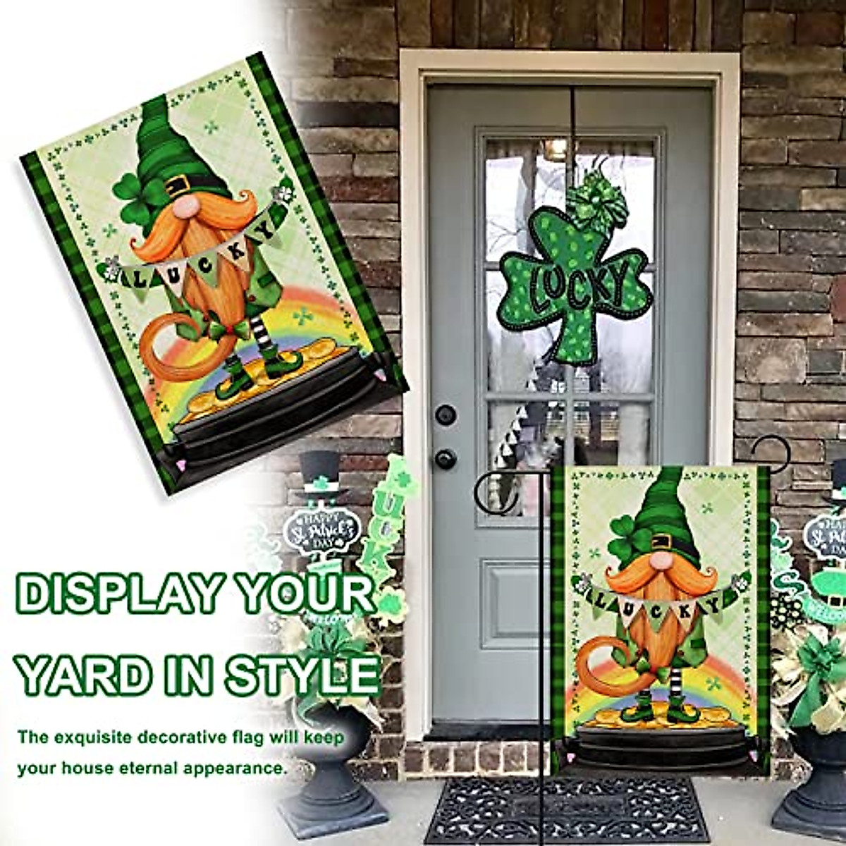 Covido Home Decorative St. Patrick's Day Gnome Garden Flag, Lucky Pot Gold Coins Shamrock Clover Yard Outside Decorations, Irish Luck Outdoor Small Decor Double Sided 12x18