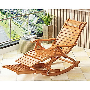 Outdoor Rocking Chair,Foldable Recliner,Bamboo Lounge Chair,Foldable Rocking Chair,Garden Deck Chairs for Elderly,Garden Chair,with Headrest Pillow and Foot Massage Board(Grey)