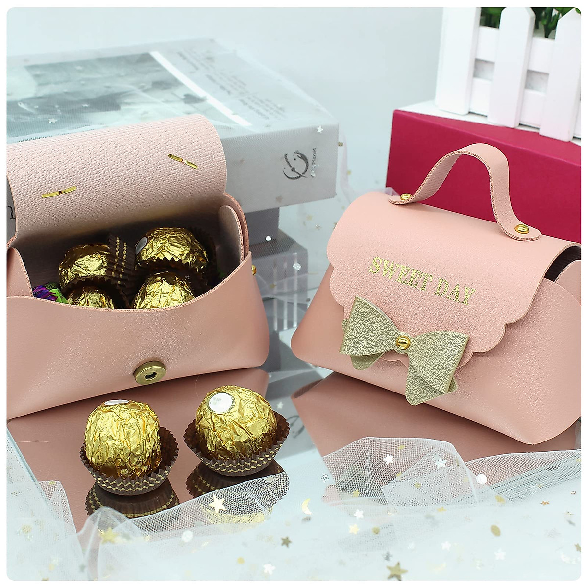 10 pack Pink Leather Bowknot Gift Boxes, Reusable Birthday Party Favor bag Candy Gift Boxs with Gold Bow For Wedding Baby Showers Christmas Party Decoration，5 inches x3.5 inches (Pink)