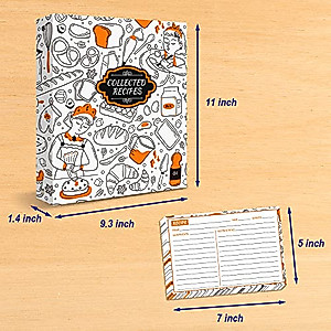 Recipe Binder, 9.5 inch x 11 inch 3 Ring Recipe Binder Kit with 50 Plastic Protectors, 100 5 inch x 7 inch Recipe Cards & 8 Category Divider Tabs, Organizer Set Orange Cartoon Design (XL)