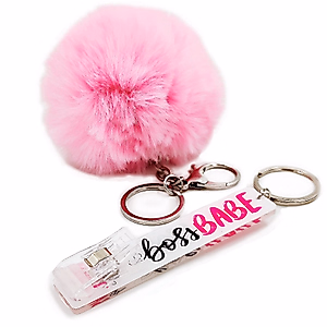 BATUMEYE Card Grabber Card Clip For Long Nails, Cute Acrylic Debit Bank Card Grabber Keychain with Pom Pom Ball and Plastic Clip For Women(New Pink White)