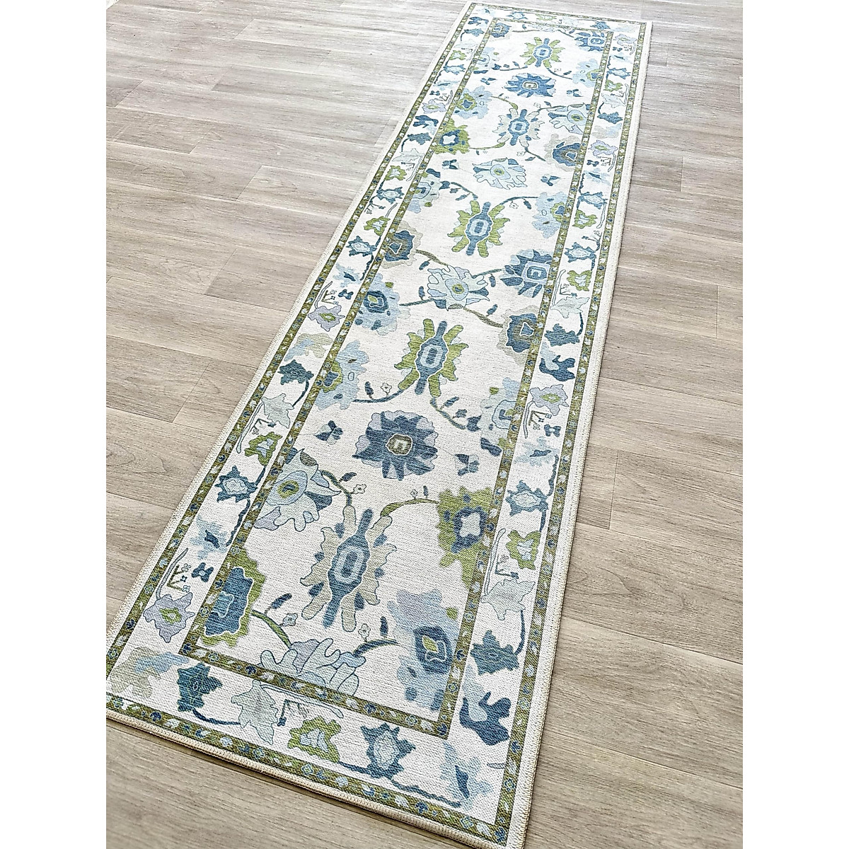 Green Oushak Rug, Modern, Vintage, Turkish, Eclectic, Floral, Pastel, Washable, Large Area Rugs for Living Room, Dining, Bedroom, Girls, Boys, 7'5"x9'8"