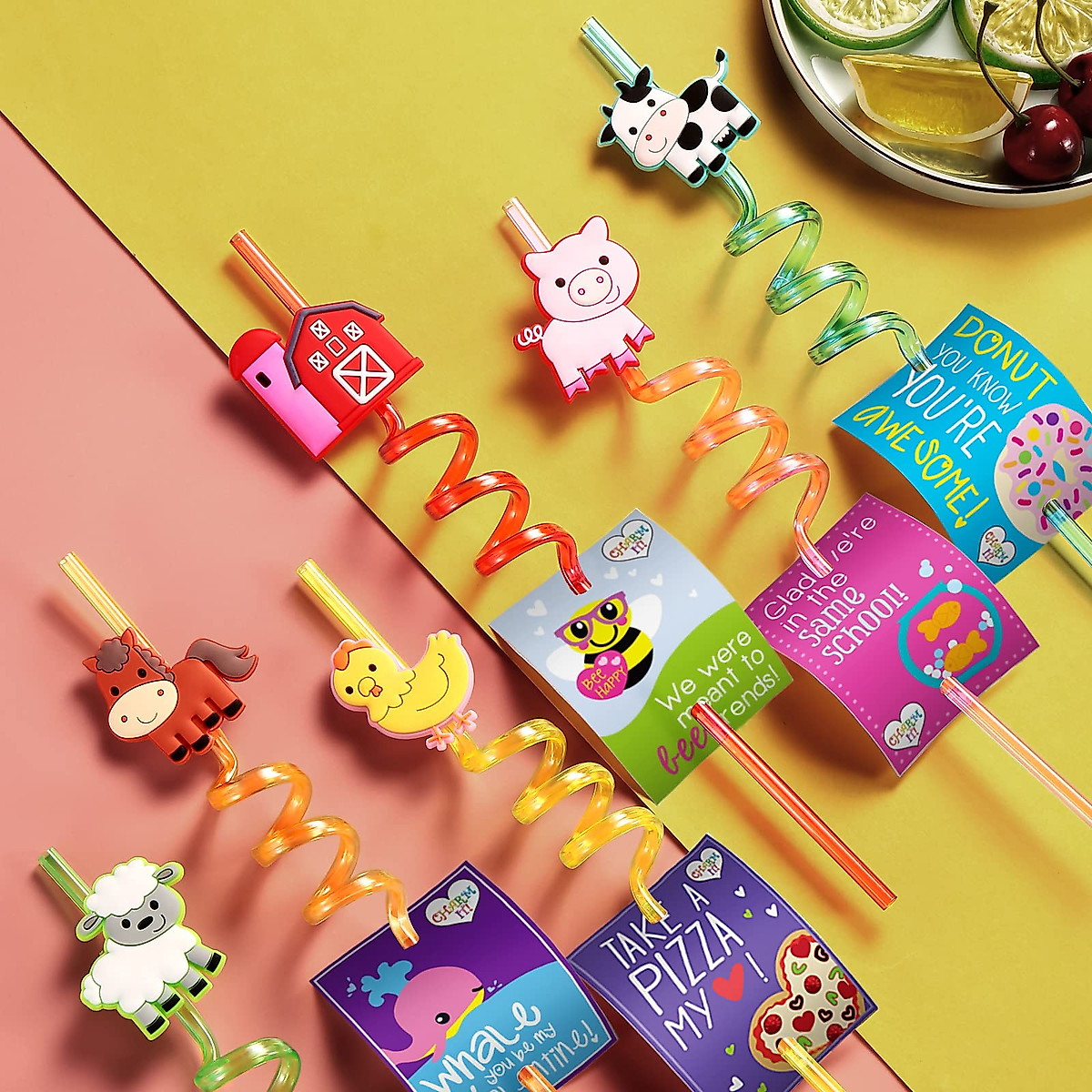 24 Reusable Farm Animal Plastic Straws Chicken Sheep Horse Cow Pig for Barnyard Farm Birthday Party Supplies Gift Favors with 2 Cleaning Brushes