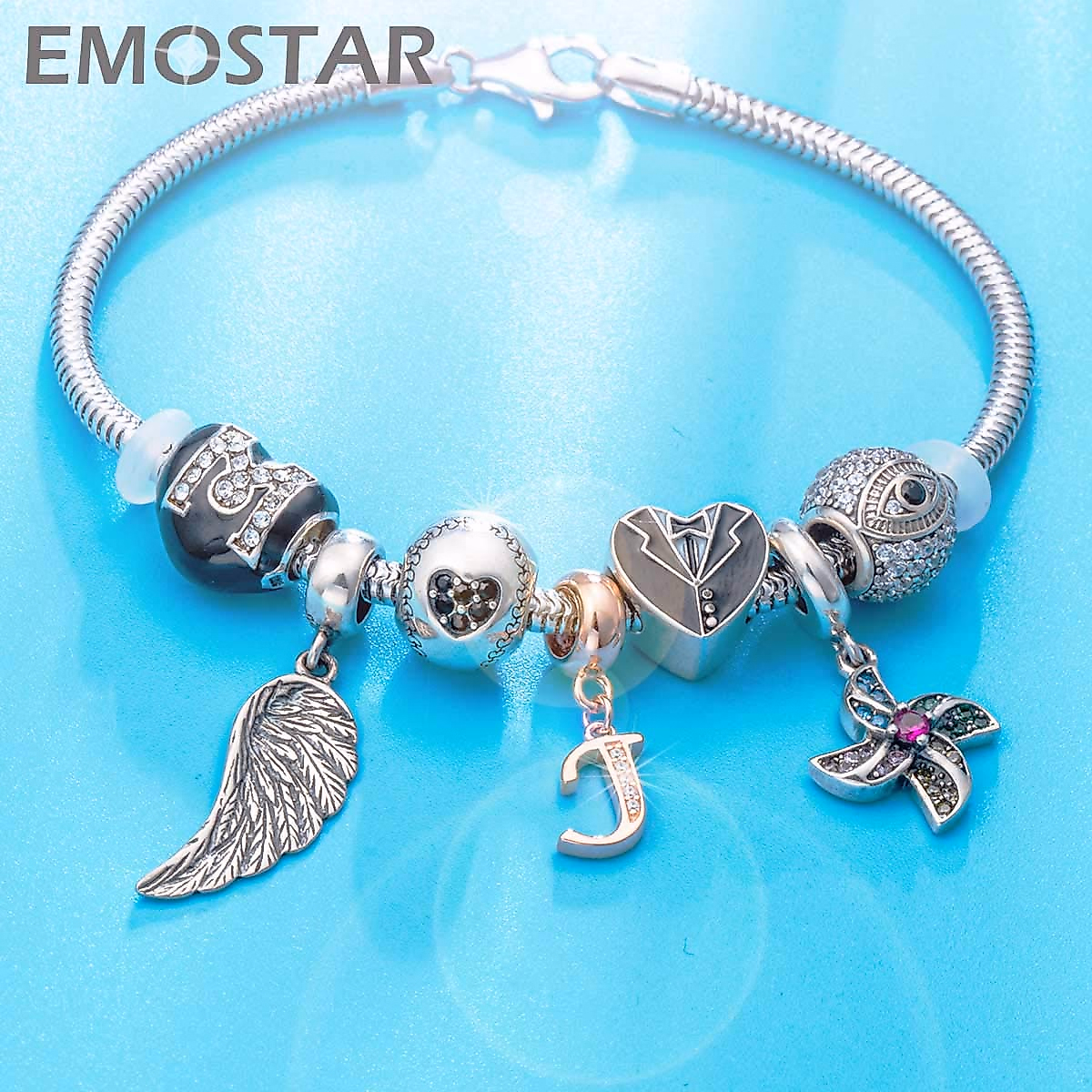 Letter J Charms Initial A-Z Alphabet Beads – Rose Gold 925 Sterling Silver Dangle CZ Birthstone fits Pandora Charm Bracelets, for Mothers Day Birthday Christmas Gifts