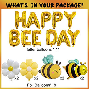 Bee Themed Birthday Party Decorations, Happy Bee Day Balloons Banner, Yellow Bee Foil Balloons Daisy Mylar Foil Balloons for Boys Girls Baby Shower Bee Theme Birthday Supplies