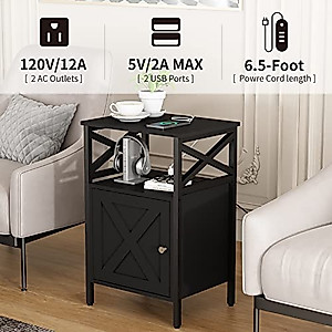 LDTTCUK Side Table with Charging Station, End Table with Power Outlet & USB Ports, Nightstand with 2 Tiers Storage Space and Storage Cabinet, Sofa Side Tables for Bedroom, Living Room,Office,Black