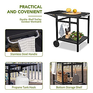 PIZZELLO Outdoor Grill Dining Cart Movable Pizza Oven Trolley BBQ Stand Double -Shelf Outdoor Worktable with 2 Wheels and 4 Hooks