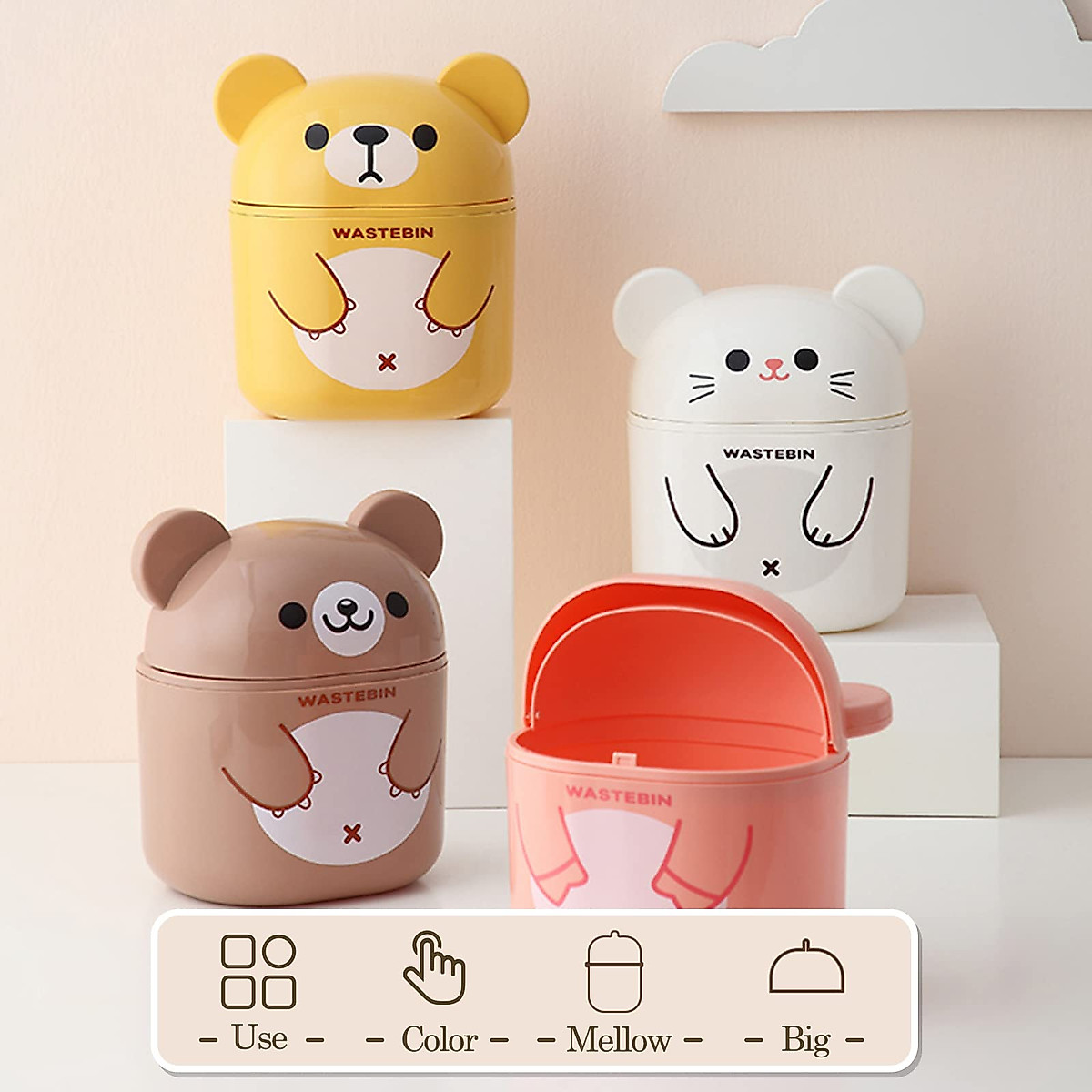 YISTOS Mini Countertop Trash Can with Lid, Desk Small Trash Can, Waste Garbage Bin, Room Decoration Big Ears Desktop Wastebasket for Countertop, Vanity, Office or Coffee Table - Pink