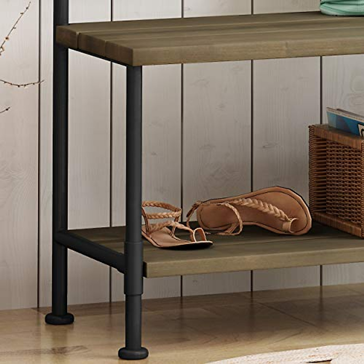 Christopher Knight Home Kay Indoor Industrial Acacia Wood Bench with Shelf and Coat Hooks, Gray Finish, Rustic Metal