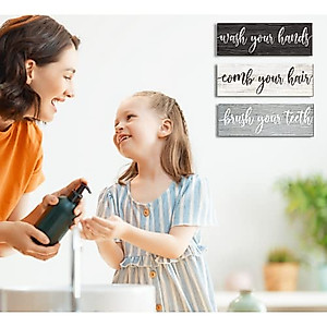 Creoate Bathroom Rules Wall Decor, Set of 3 - Wash Your Hands, Brush Your Teeth, Comb Your Hair - Decorative Rustic Wood Farmhouse Bathroom Wall Decor, Small