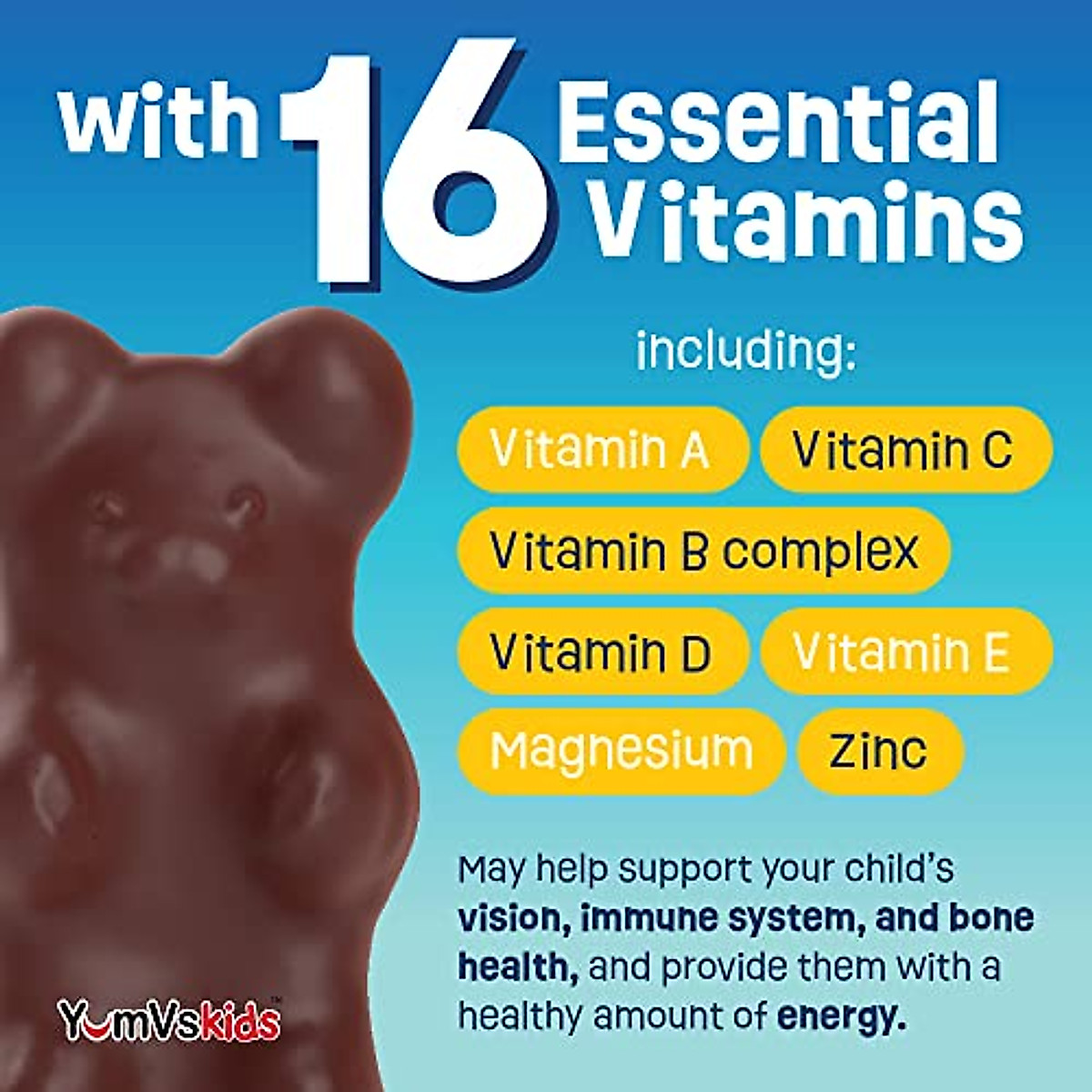 Yum-Vs - Kids Multivitamin Chewable Chocolate Bears - Multivitamin for Kids Supplement - 16 Vitamins & Minerals - Kids Vitamins Including D, Zinc, C, B Complex & More, Multi Vitamins for Kids 60 Count
