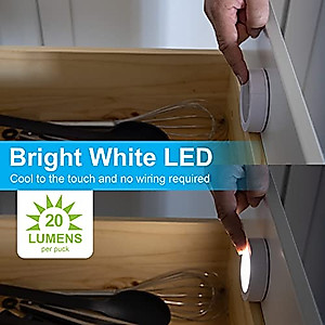 GE Wireless LED Puck Lights, Battery Operated, 20 Lumens, Touch Light, Tap Light, Stick On Lights, Under Cabinet Lighting, Ideal for Kitchen Cabinets, Closets, Garage and More, 4 Pack, 45997