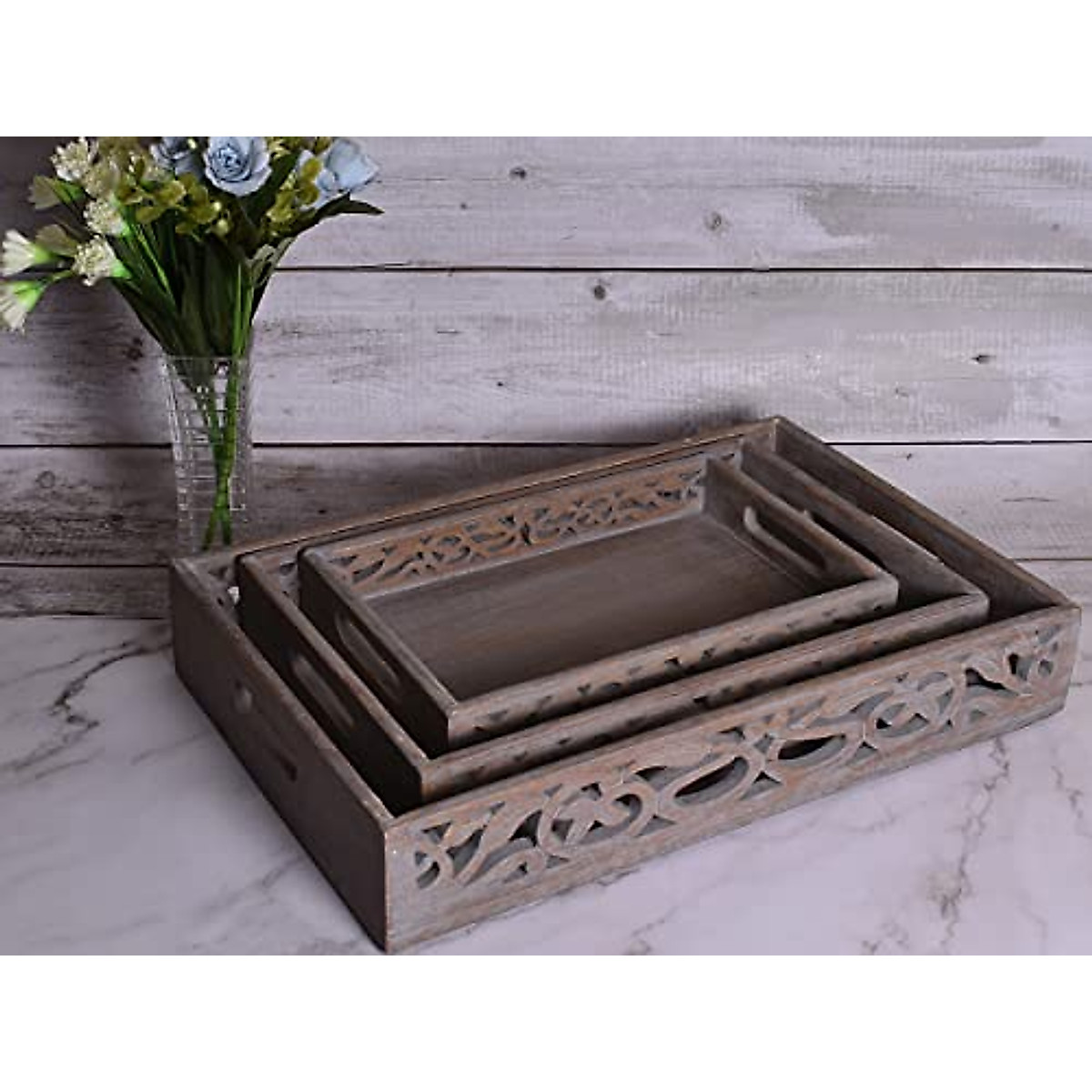 STORE INDYA Vintage Rustic Wooden Serving Trays with Handle - Set of 3 - Large, Medium and Small - Nesting Multipurpose Trays