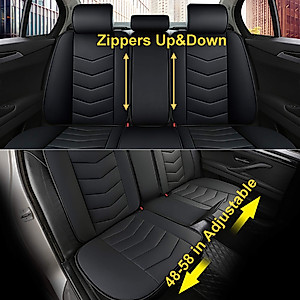 INCH EMPIRE Car Seat Cover-Water Proof Synthetic Leather Cushion with Built-in Lumbar Support Front and Back Fit for Sedan SUV Truck Hatchback Durable Use (Black with White Trim Full Set)