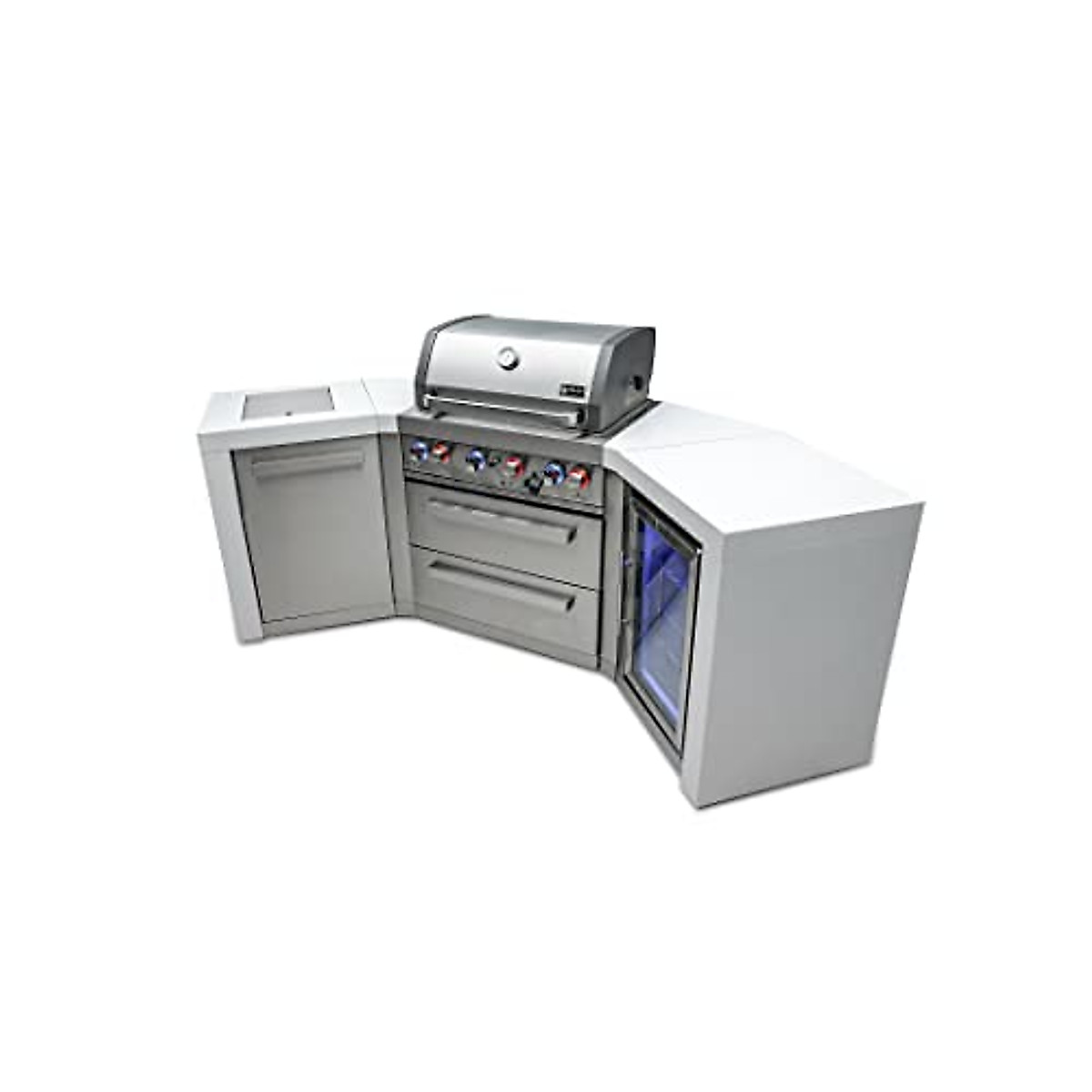 Mont Alpi MAi400-D45FC 32-Inch 4-Burner 78000 BTU 45-Degree Deluxe Stainless Steel Island Outdoor Kitchen Gas Barbecue Island Grill + Compact Refrigerator Wine Cooler + Infrared Side Burner