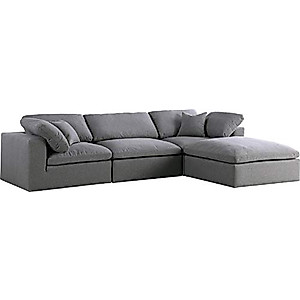 Meridian Furniture Serene Collection Modern | Contemporary Deluxe Comfort Modular Sectional, Soft Linen Textured Fabric, Down Cushions, 2 Corner + 1 Armless + 1 Ottoman, Grey