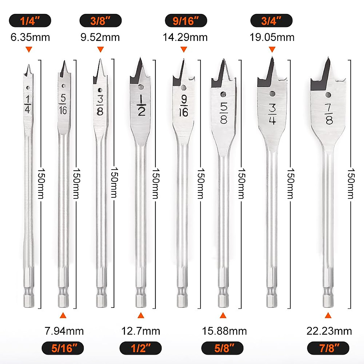 COMOWARE 13 Pcs Spade Drill Bit Set - Paddle Flat Bits Set for Woodworking, SAE, Portable Nylon Storage Holder