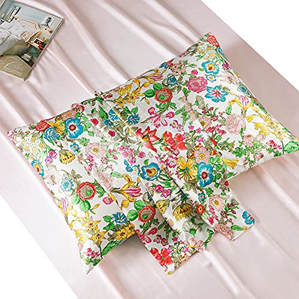 Silk Pillowcase for Hair and Skin Care, Mulberry Silk Floral Print Pillow Case with Hidden Zipper Closure, Standard Size 20''x26'' Silk Pillow Cover, Breathable & Skin-Friendly (Summer Flowers 1Pcs)