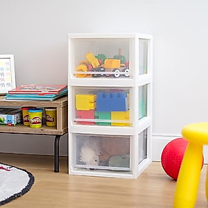 IRIS USA 14.5 Qt. Medium Plastic Stacking Drawer, Stackable Storage Organizer Unit with Sliding Drawer for Bedroom Kitchen Under Sink Pantry Craft Room Dorm Office, White, 3-Pack